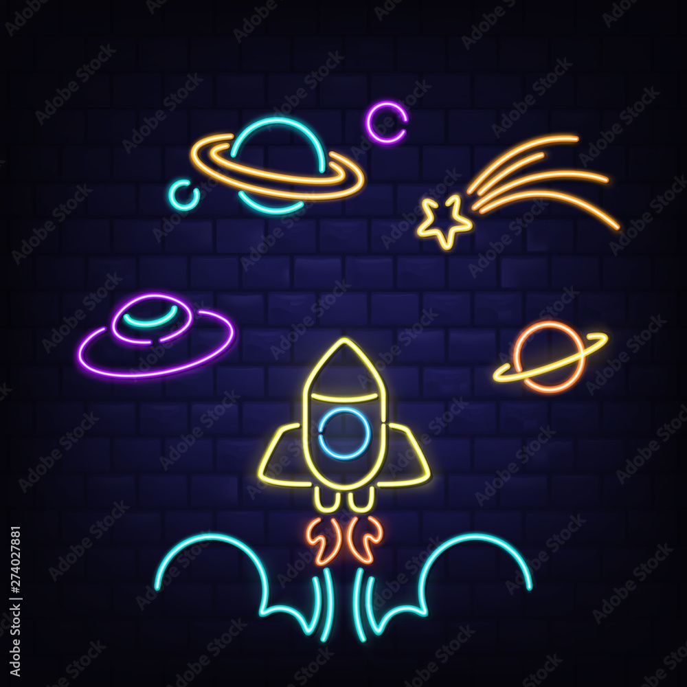 Neon space icons set, rocket, ufo, Saturn planet and comet signs ...