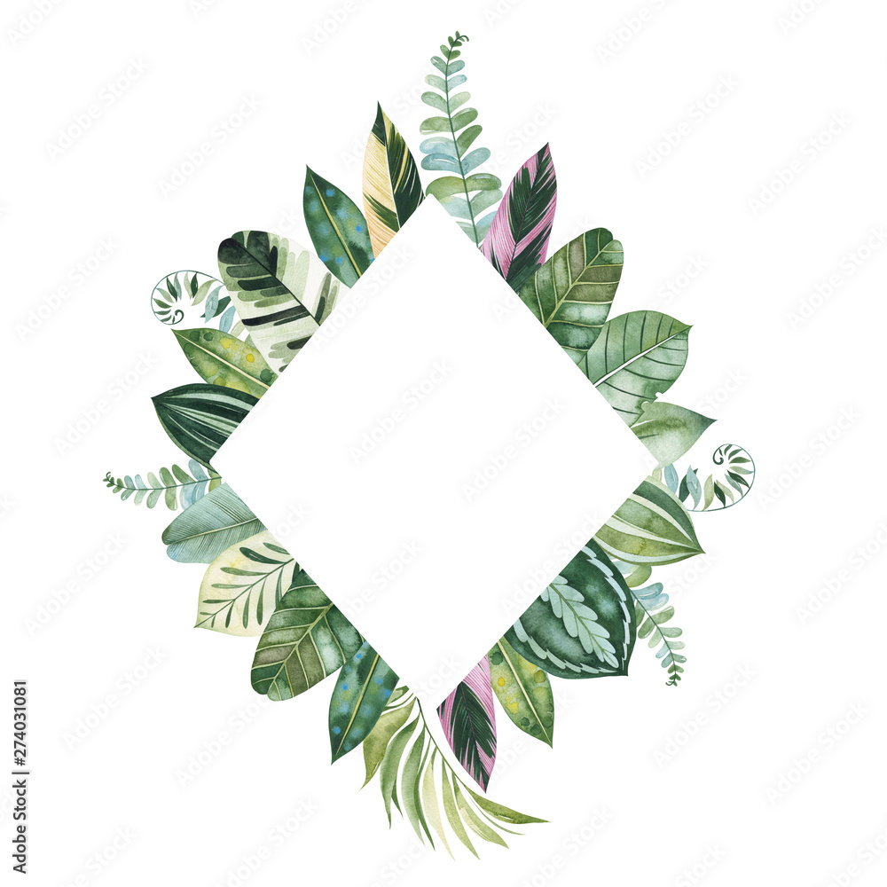 Watercolor Tropical Forest.Pre-made frame border with multicolored ...