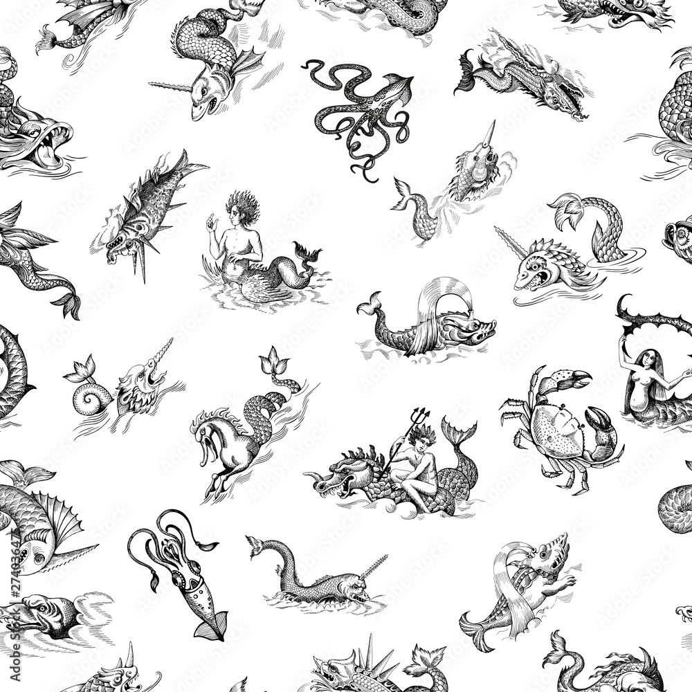 Mythological vintage sea monster. Monochrome Hand drawn sketch. Vector ...