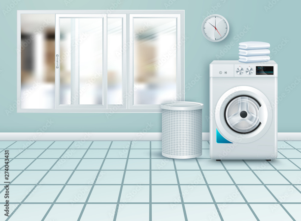 Vector Background with 3d Realistic Modern White Steel Washing Machine ...