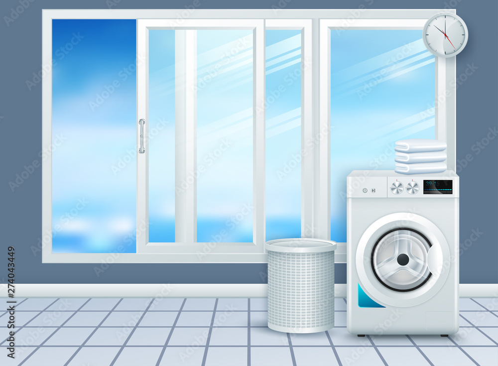 Vector Background with 3d Realistic Modern White Steel Washing Machine ...