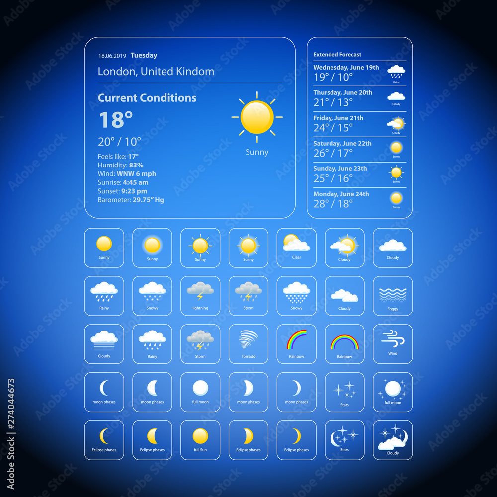 set weather icons. All icons for weather with sample of use. vector ...