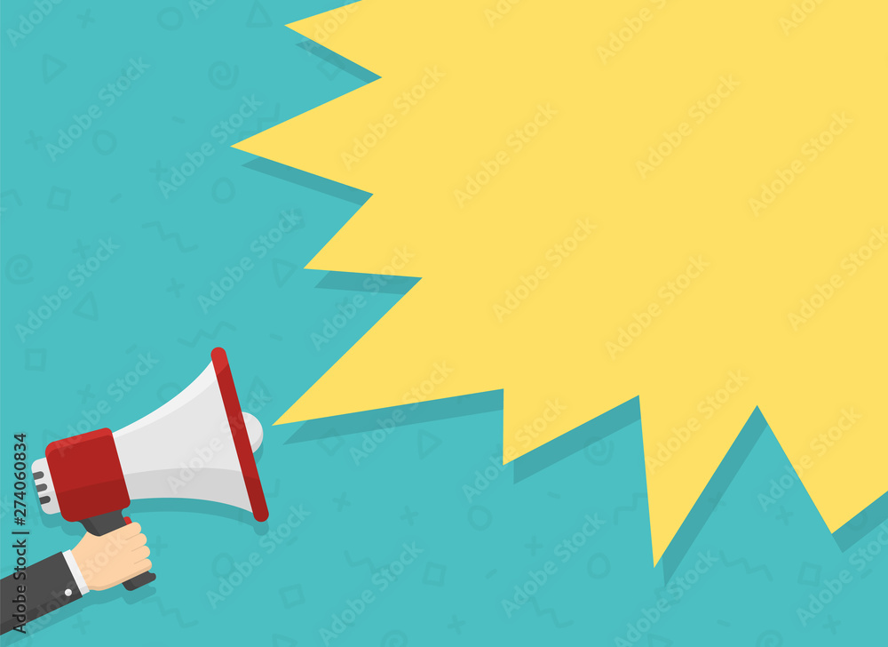 realistic red megaphone in hand with place for text in yellow dialog ...