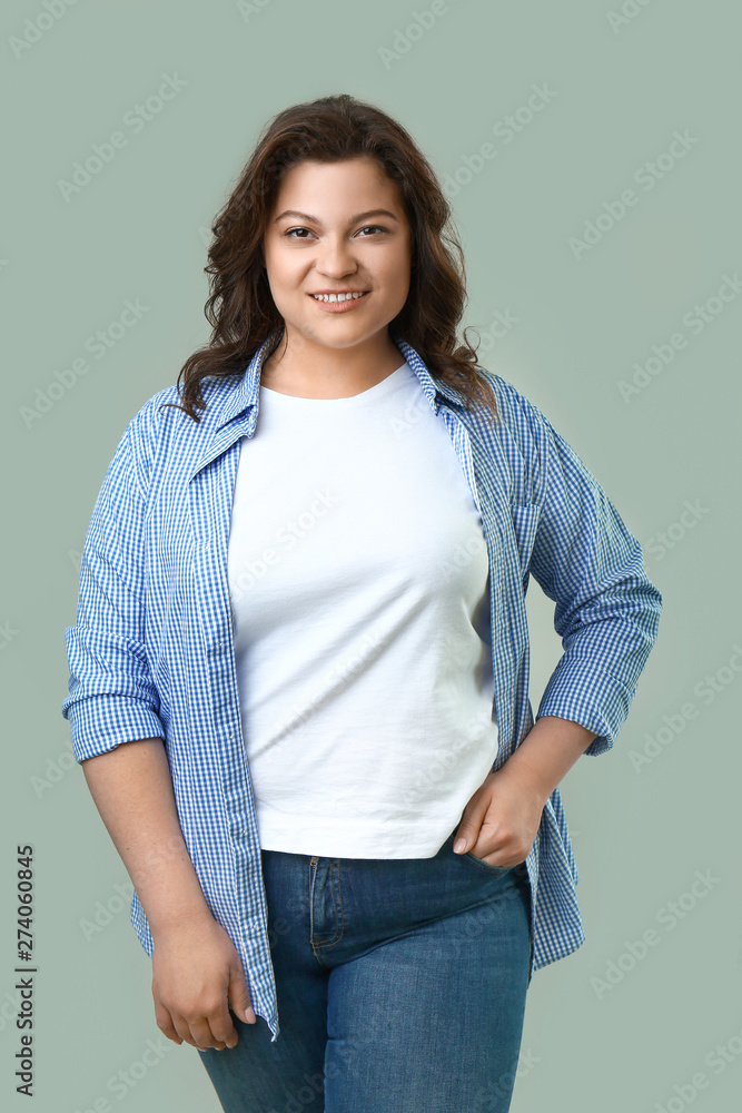 Beautiful plus size woman on grey background. Concept of body positive ...