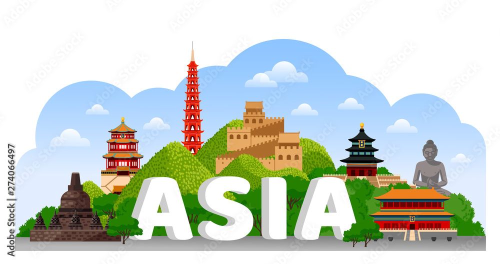 Asia detailed poster. Travel composition with famous asian landmarks ...