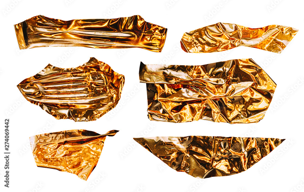 Metallic sticky tape shapes cuts isolated on white background. Shiny ...