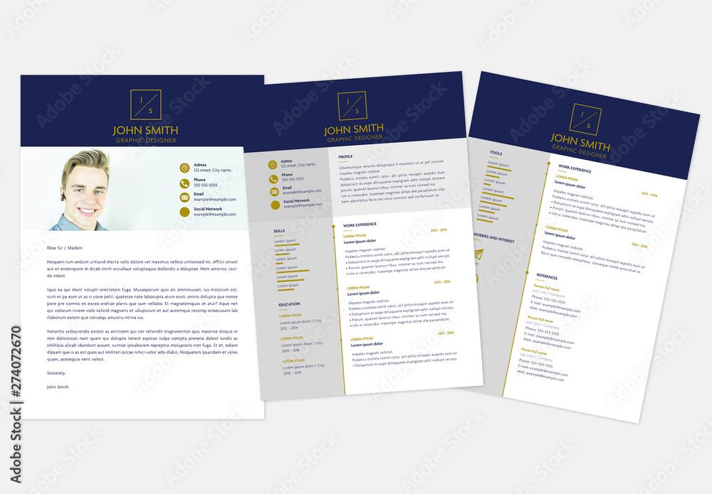Blue and Gold Resume Layout Kit Stock Template | Adobe Stock