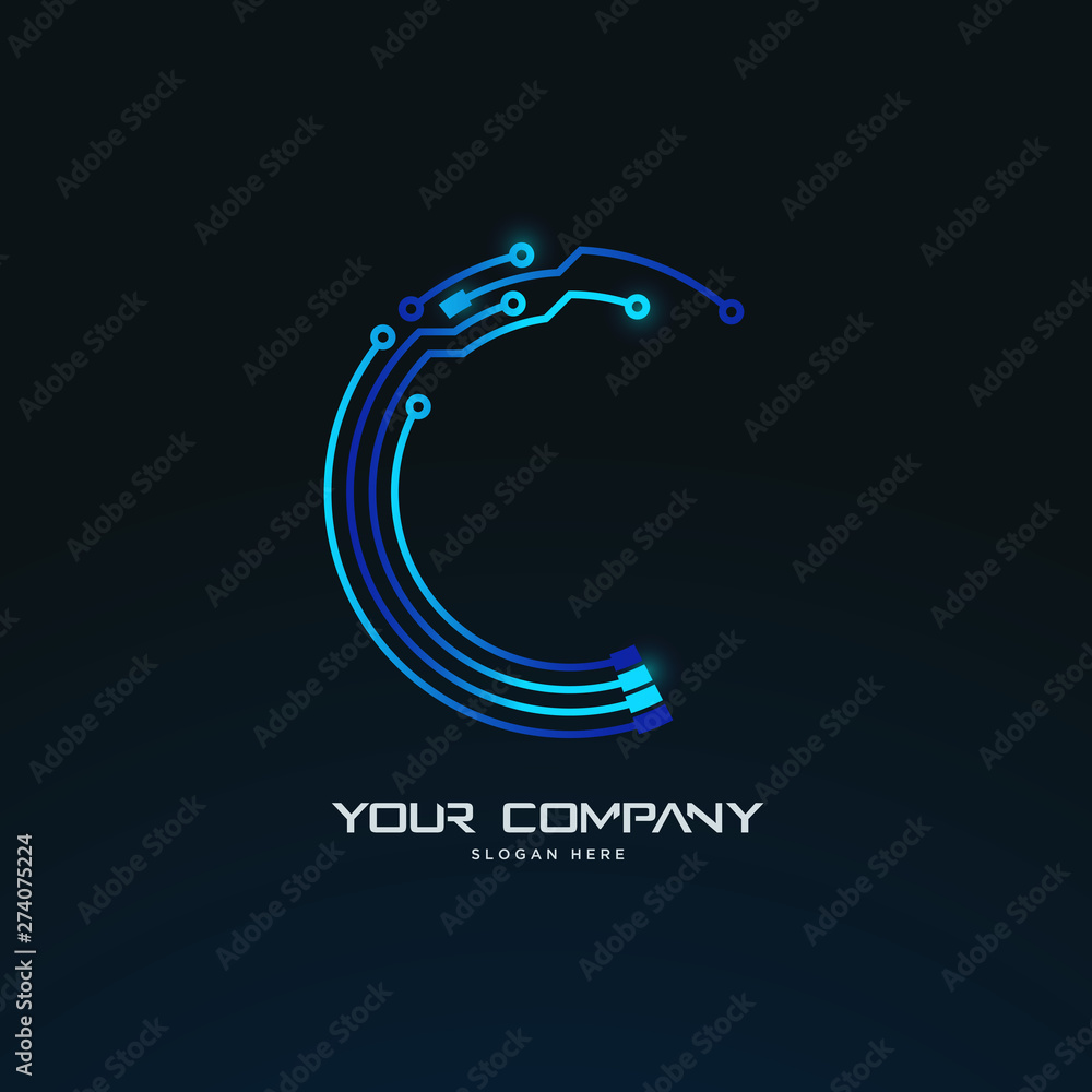C letter initial futuristic abstract tech circuit board logo template ...