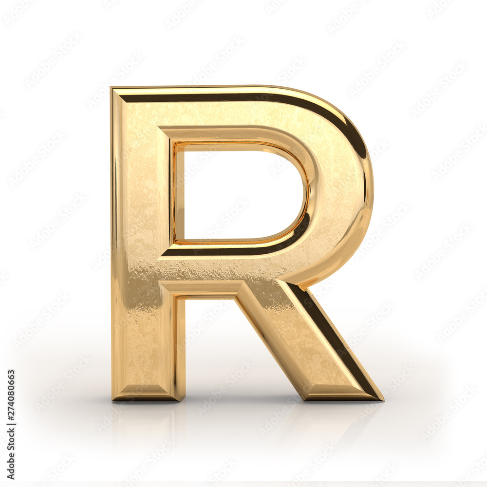 Golden font, letter R, 3d render, gold metal texture, on white ...