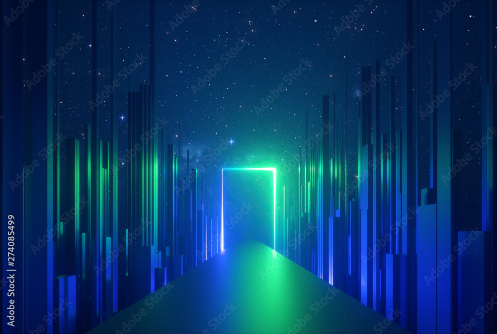 3d abstract neon background, glowing rectangular portal, vertical lines ...