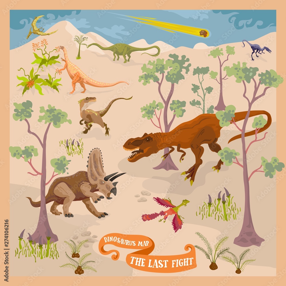 Dinosaurs extinction fantasy map scene of ancient paleontological world ...