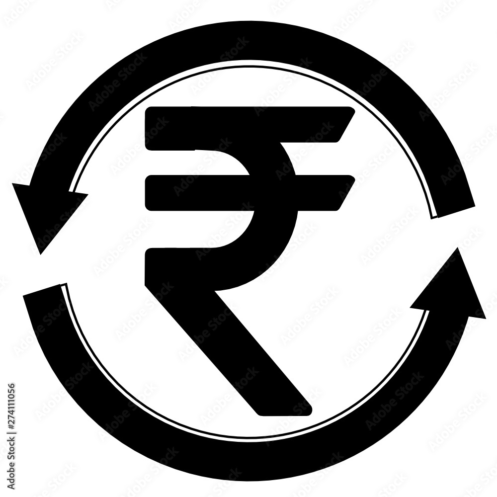 Indian Rupee icon in round circle broken with arrows to denote money ...