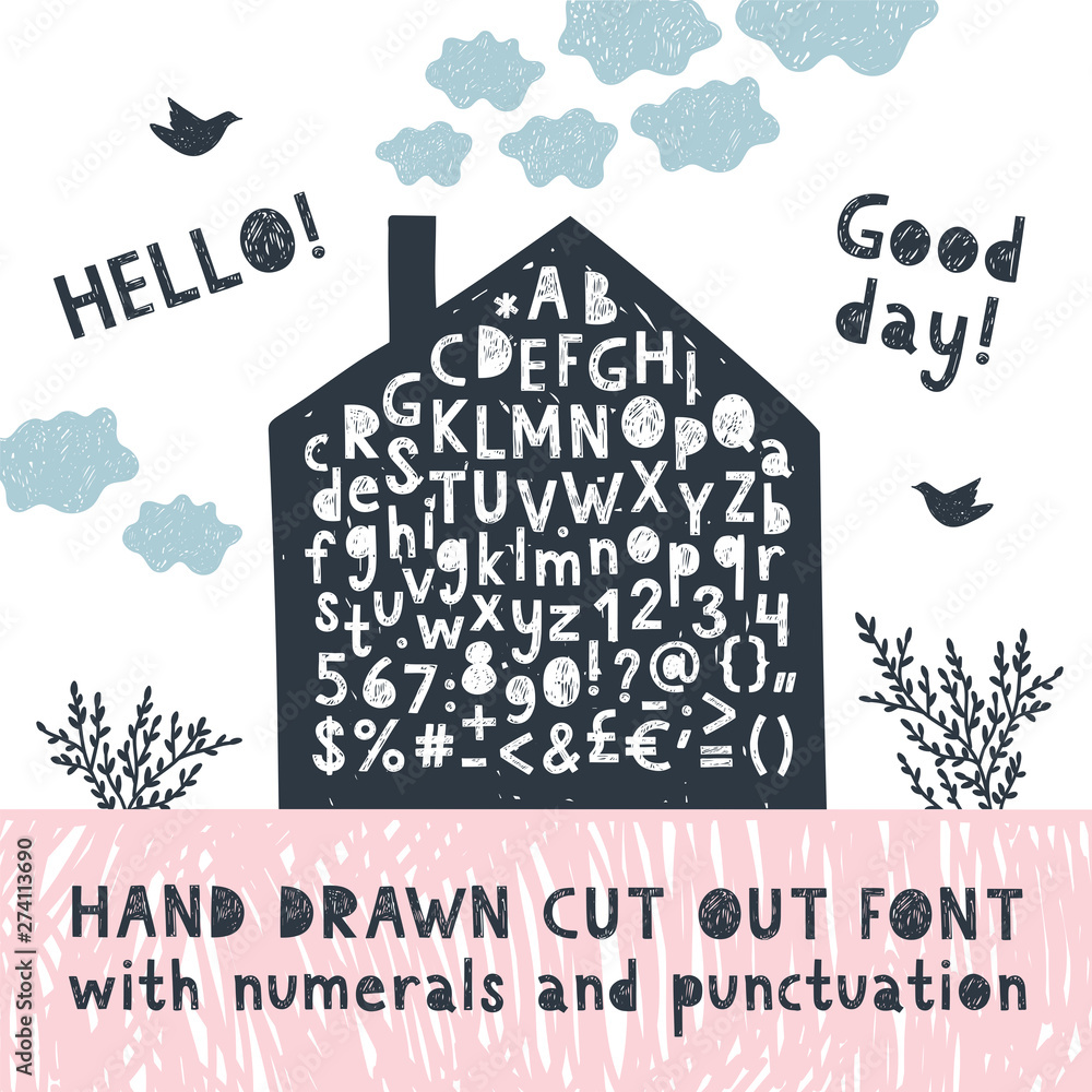 Hand drawn cut out font with numerals and punctuation. Vector ...