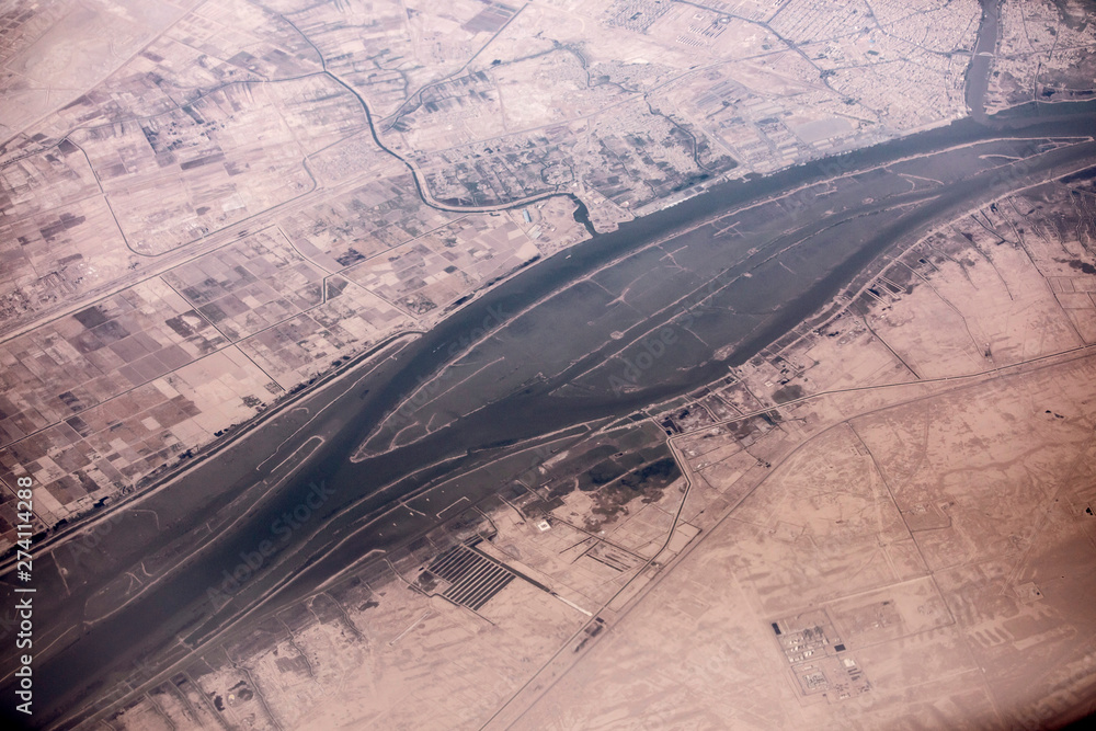 Aerial view of the Iran, Iraq border and the Shatt al-arab river near ...