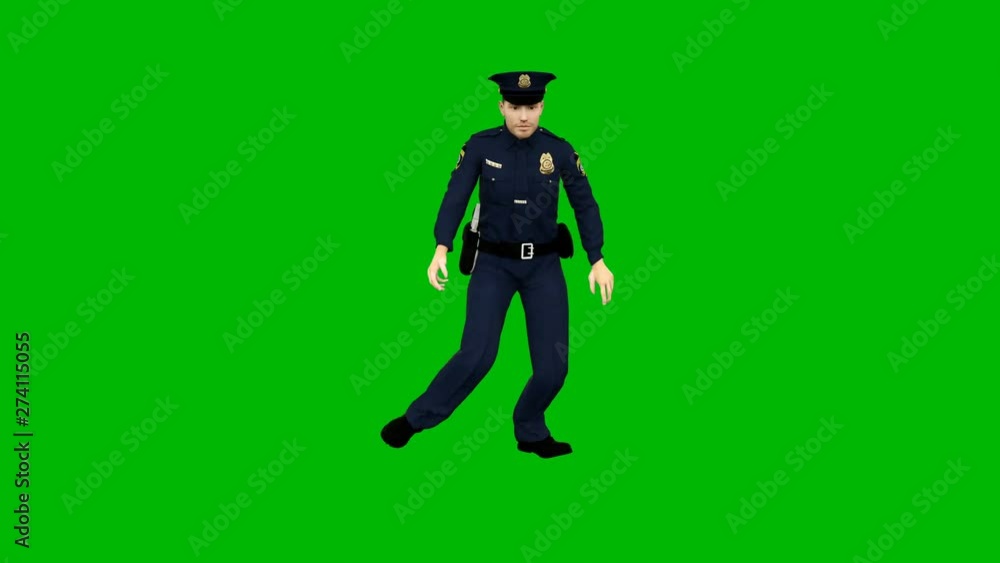 Policeman dancing rhythmic modern dance on a green screen. Looped ...