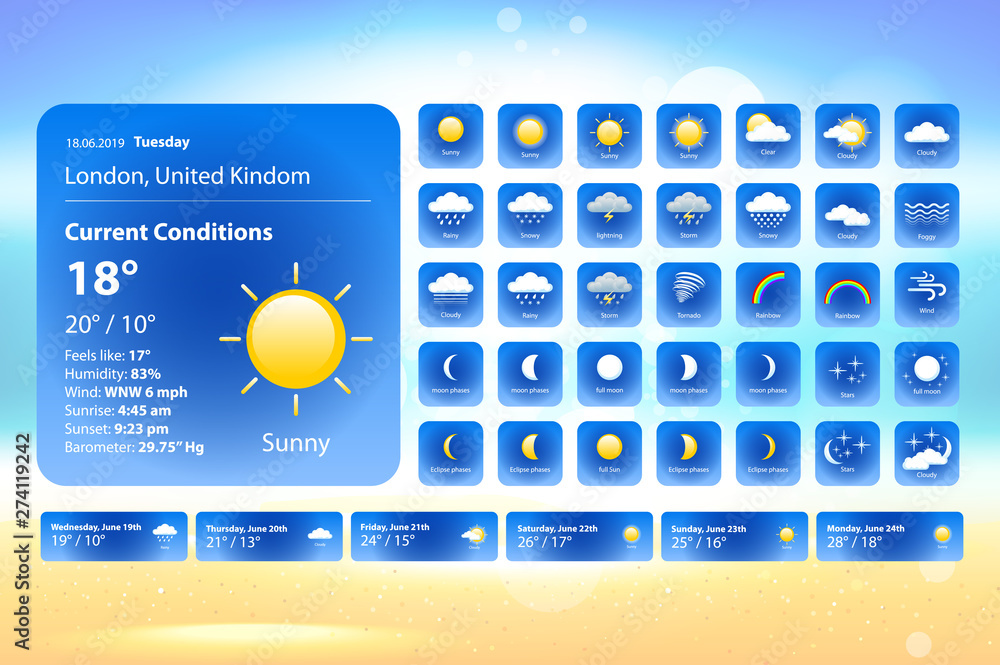 set weather icons. All icons for weather with sample of use. For Print ...