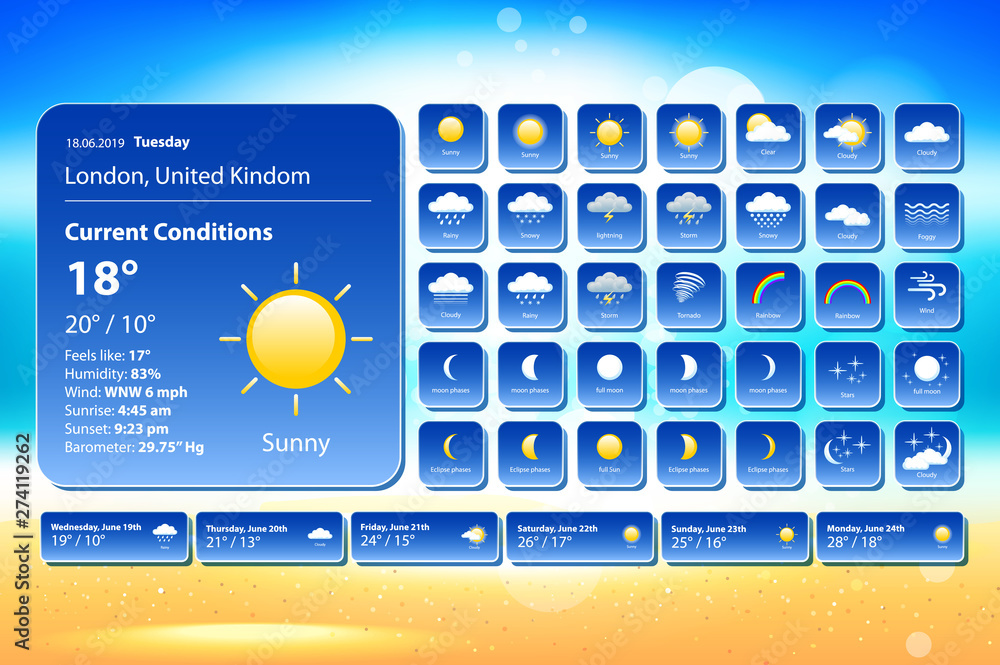 set weather icons. All icons for weather with sample of use. For Print ...