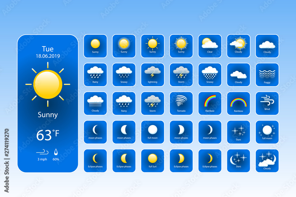 set weather icons. All icons for weather with sample of use. For Print ...