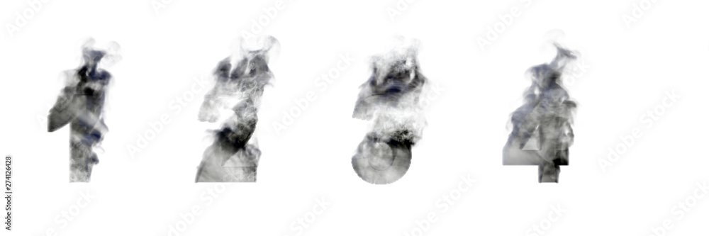 heavy smoke numbers 1 2 3 4 isolated on white background, disaster or ...