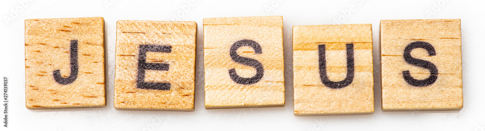 Word Jesus in scrabble tile letters from above Stock Photo | Adobe Stock