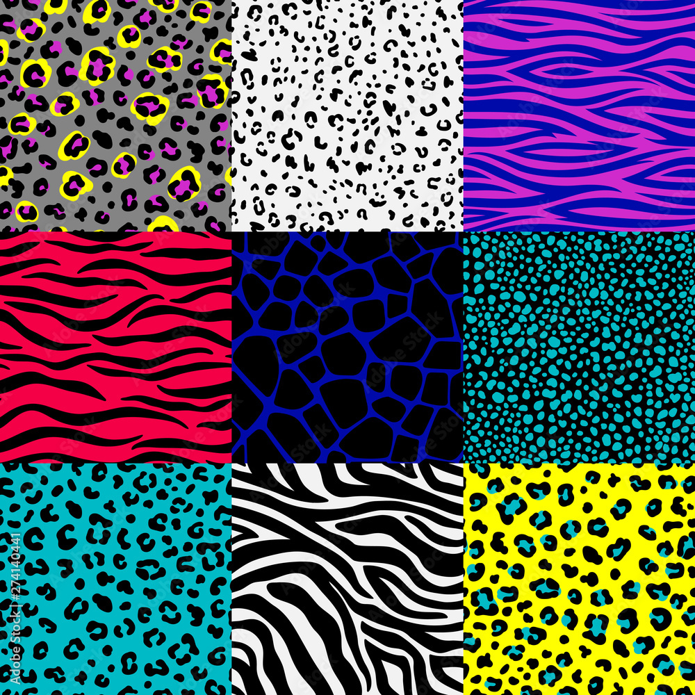 Animal skin patterns set. Leopard spots and zebra stripes backgrounds ...