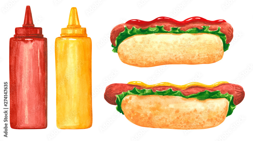 Fastfood clipart set, hot dog with salad leaves, mustard and ketchup ...