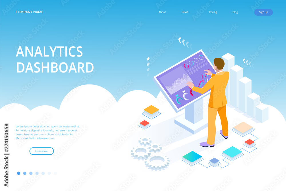 Isometric male in front of the big screen for data analysis. Statistics ...