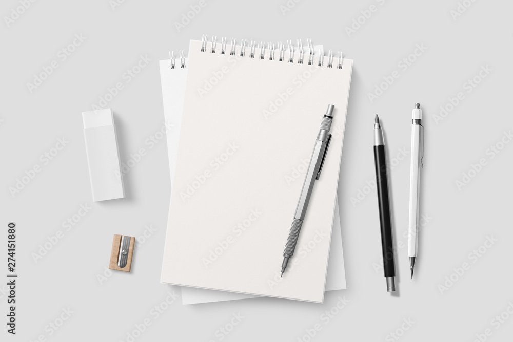 Blank realistic spiral bound notepad mockup on light grey background ...