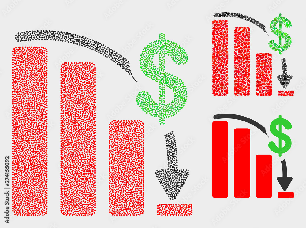 Pixelated and mosaic financial epic fail chart icons. Vector icon of ...