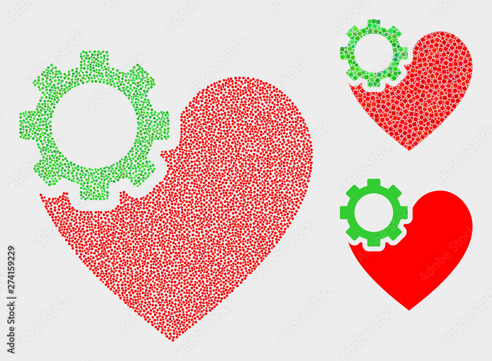 Pixelated and mosaic heart gear icons. Vector icon of heart gear ...
