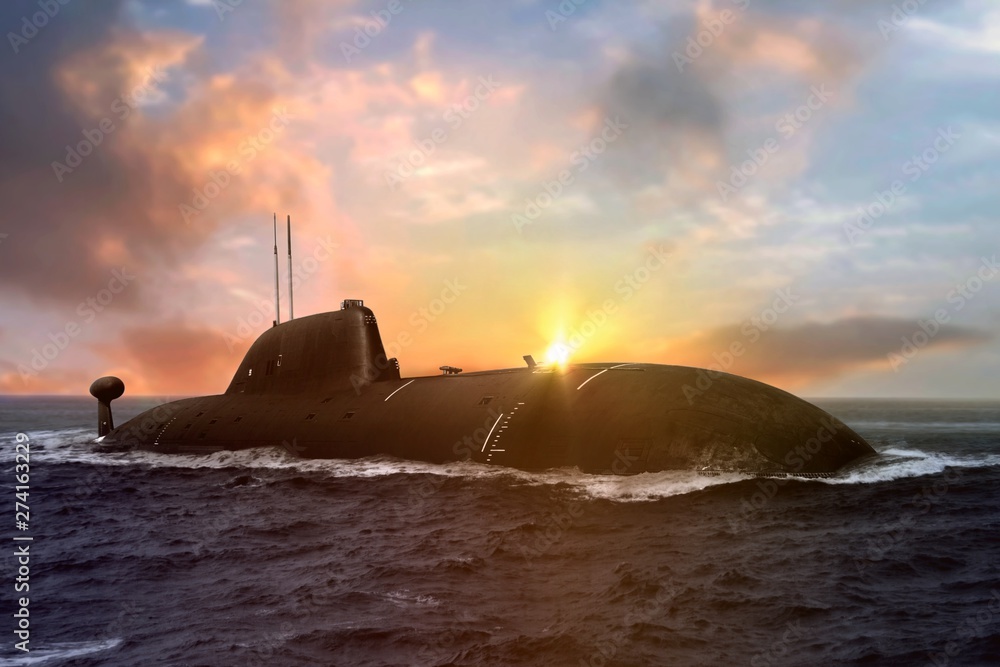Naval submarine at sea surface during sunset Stock Photo | Adobe Stock