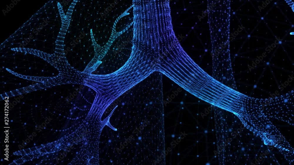 Rotating human lungs. Glowing blue light particles point of human lungs ...