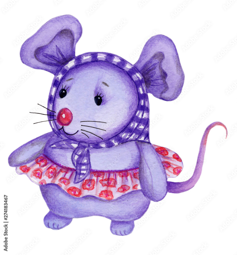 Watercolor hand drawn illustration of cute cartoon violet mouse ...