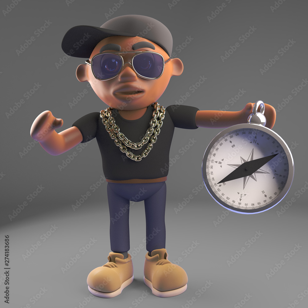 Cartoon black rap hiphop rap artist finds his way with a compass, 3d ...
