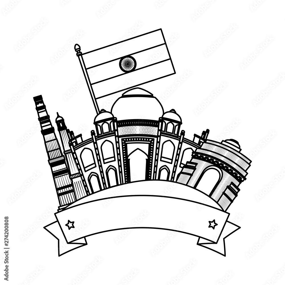 indian buildings monuments with flags Stock Vector | Adobe Stock