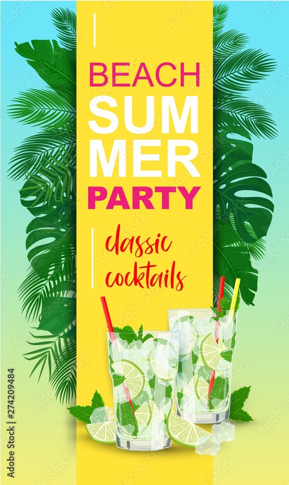 Vector vertical poster Beach Summer Party with fresh Mojito cocktail ...