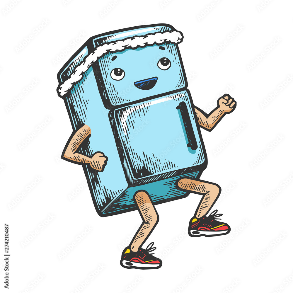 Fridge runner on its feet cartoon character color sketch engraving ...