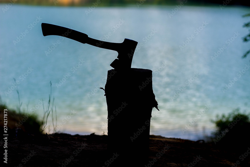 Ax stuck in the stump. wooden stump in the forest. Deforestation man ...