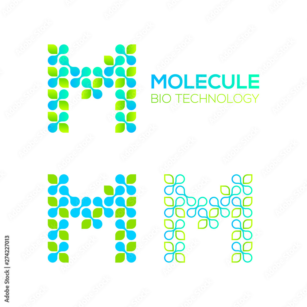 Letter M Logotype with Green Leave and Dots cross, Molecular cell ...