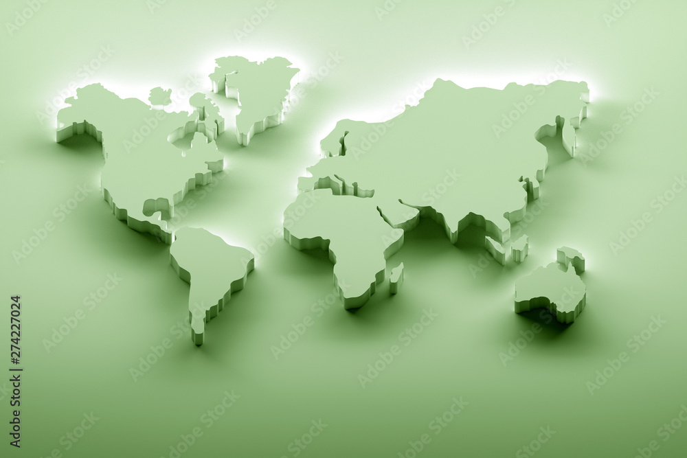 Illustration with bold world map in green color. 3d illustration. Stock ...
