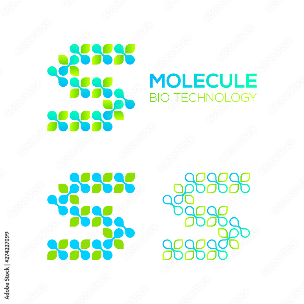 Letter S Logotype with Green Leave and Dots cross, Molecular cell ...