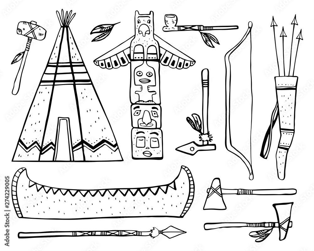 Native American traditional objects. Wigwam, totem pole, canoe, weapons ...