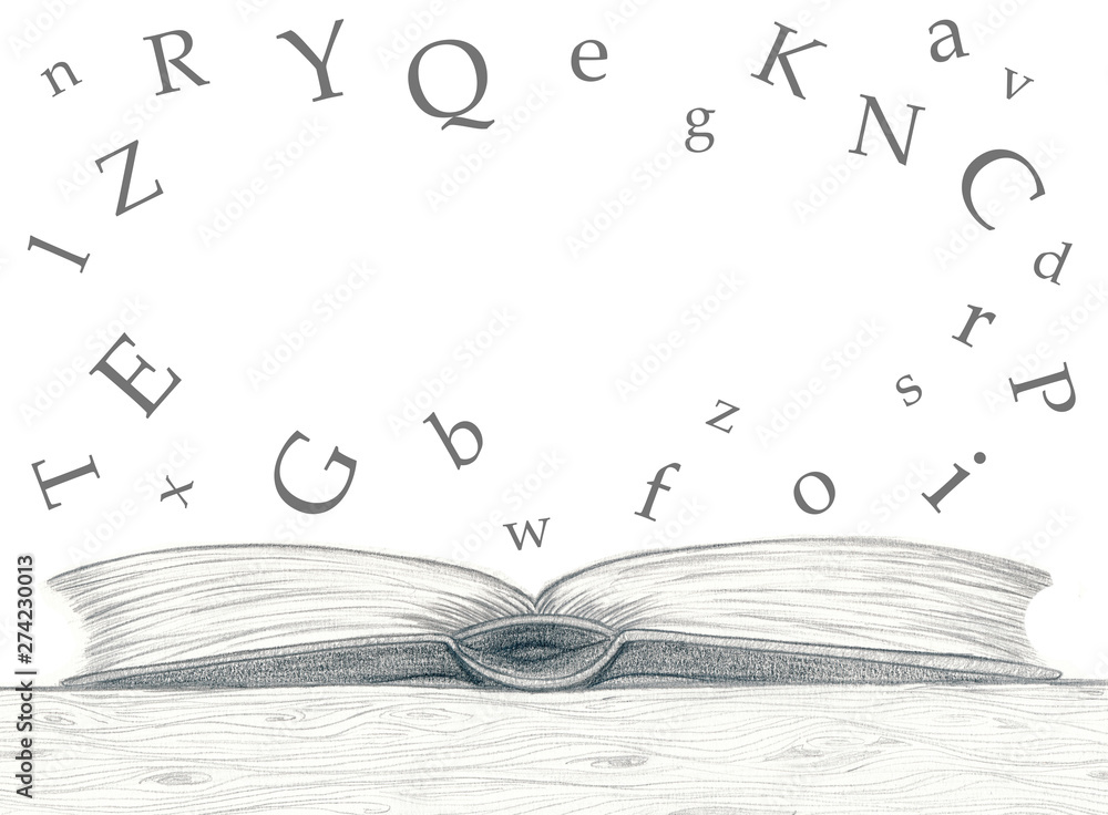 pencil sketch_open_book_empty_alphabetic characters_white background ...