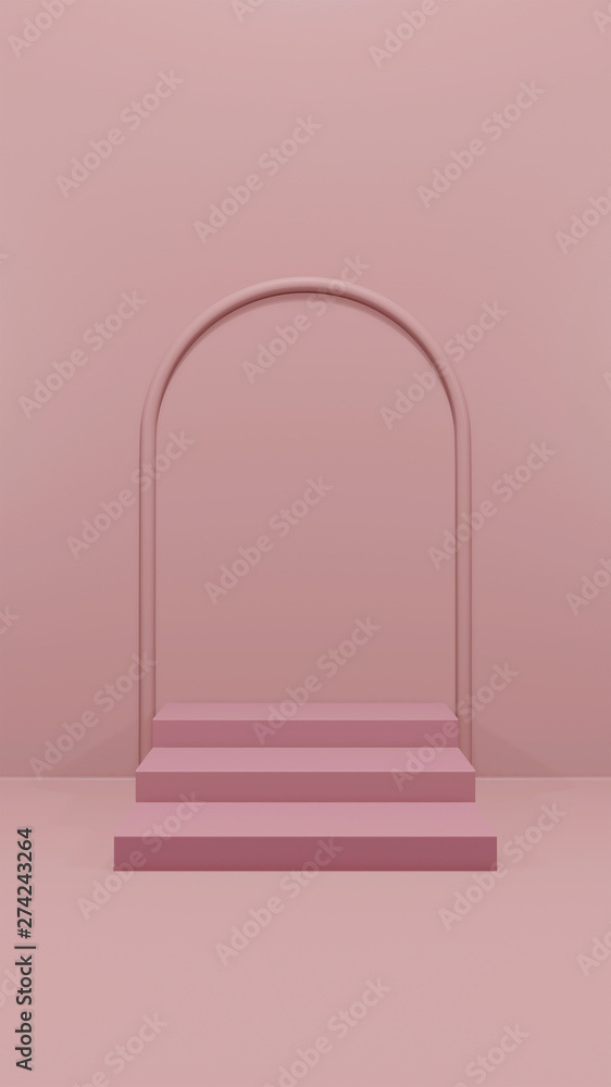 Pink arc with stairs in empty pink room, realistic 3d illustration ...
