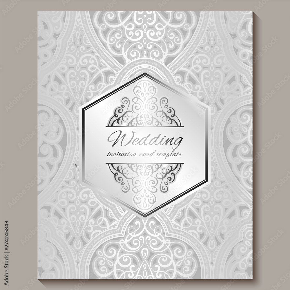Wedding invitation card with silver shiny eastern and baroque rich ...