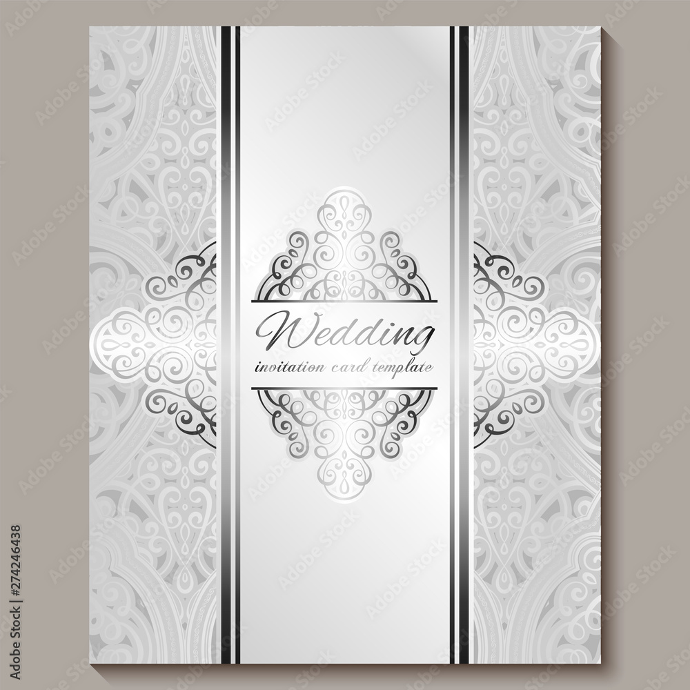 Wedding invitation card with silver shiny eastern and baroque rich ...