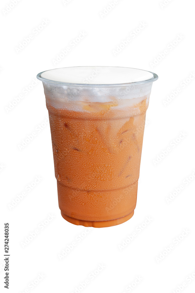 Thai milk tea in plastic glass Isolated White Background with Clipping ...
