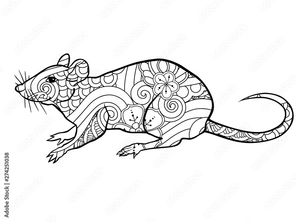 Coloring page with doodle style rat in zentangle inspired style ...