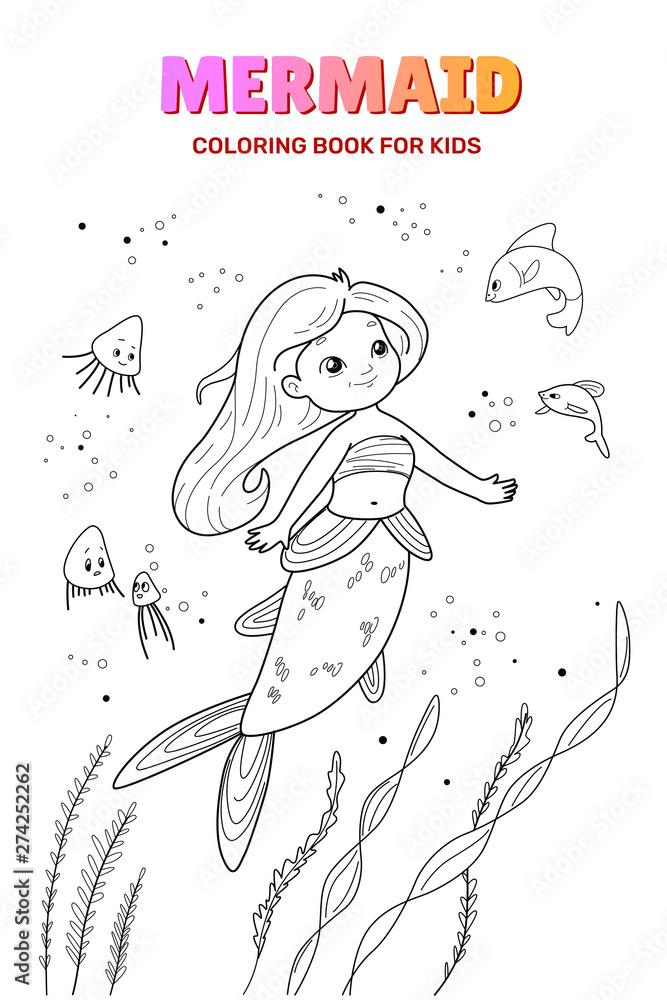 Cute mermaid cartoon character, vector illustration. Coloring book for ...