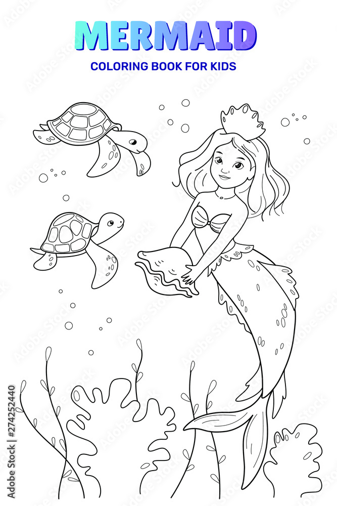 Cute mermaid cartoon character with sea turtle, vector illustration ...